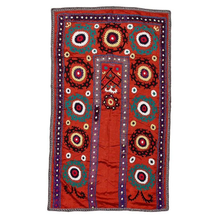 3.2x5.3 Ft Tashkent Suzani Textile in Red, Embroidered Cotton and Silk ...