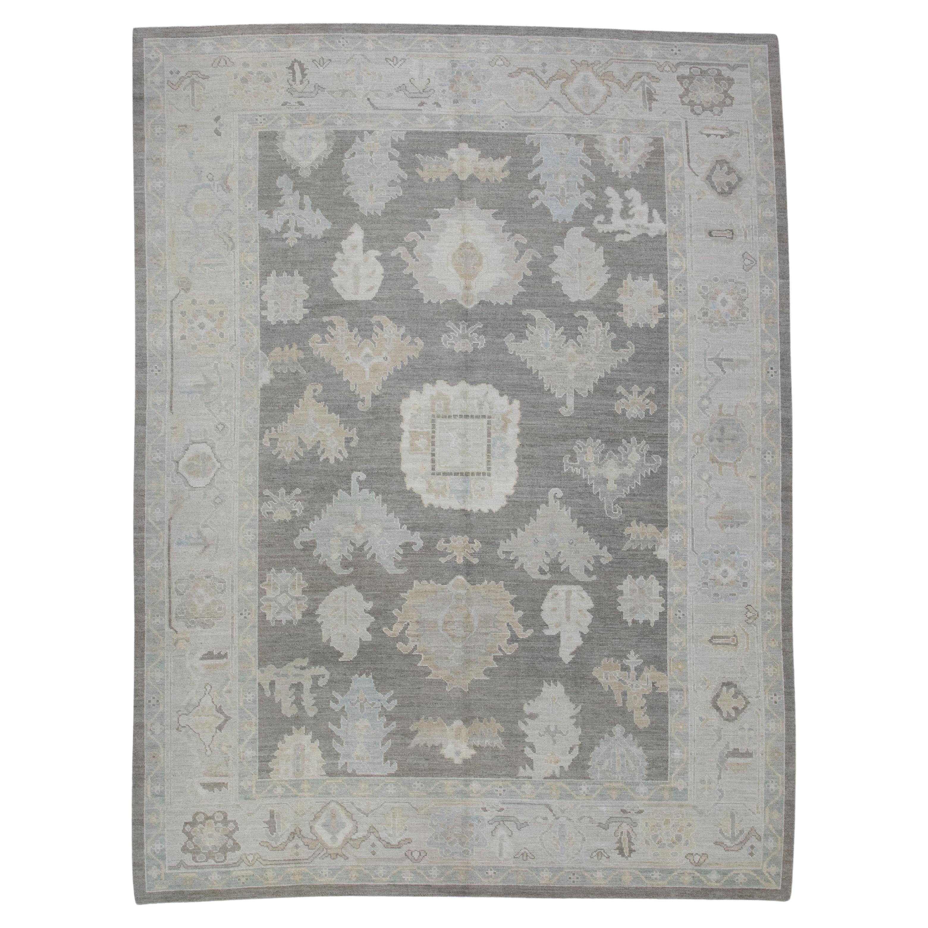 Gray and Blue Floral Design Handwoven Wool Turkish Oushak Rug 8'9" X 12 ...