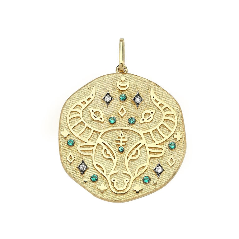 Taurus Zodiac Charm Necklace, Lucky Stone is Diamond and Emerald 14K ...