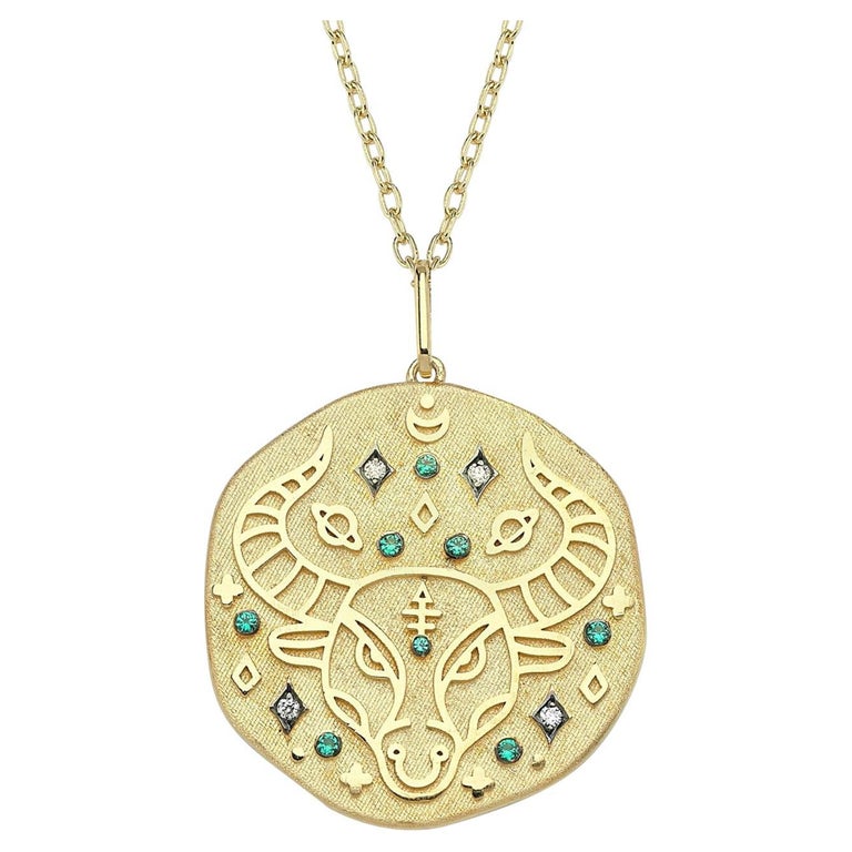 Taurus Zodiac Charm Necklace, Lucky Stone is Diamond and Emerald 14K ...