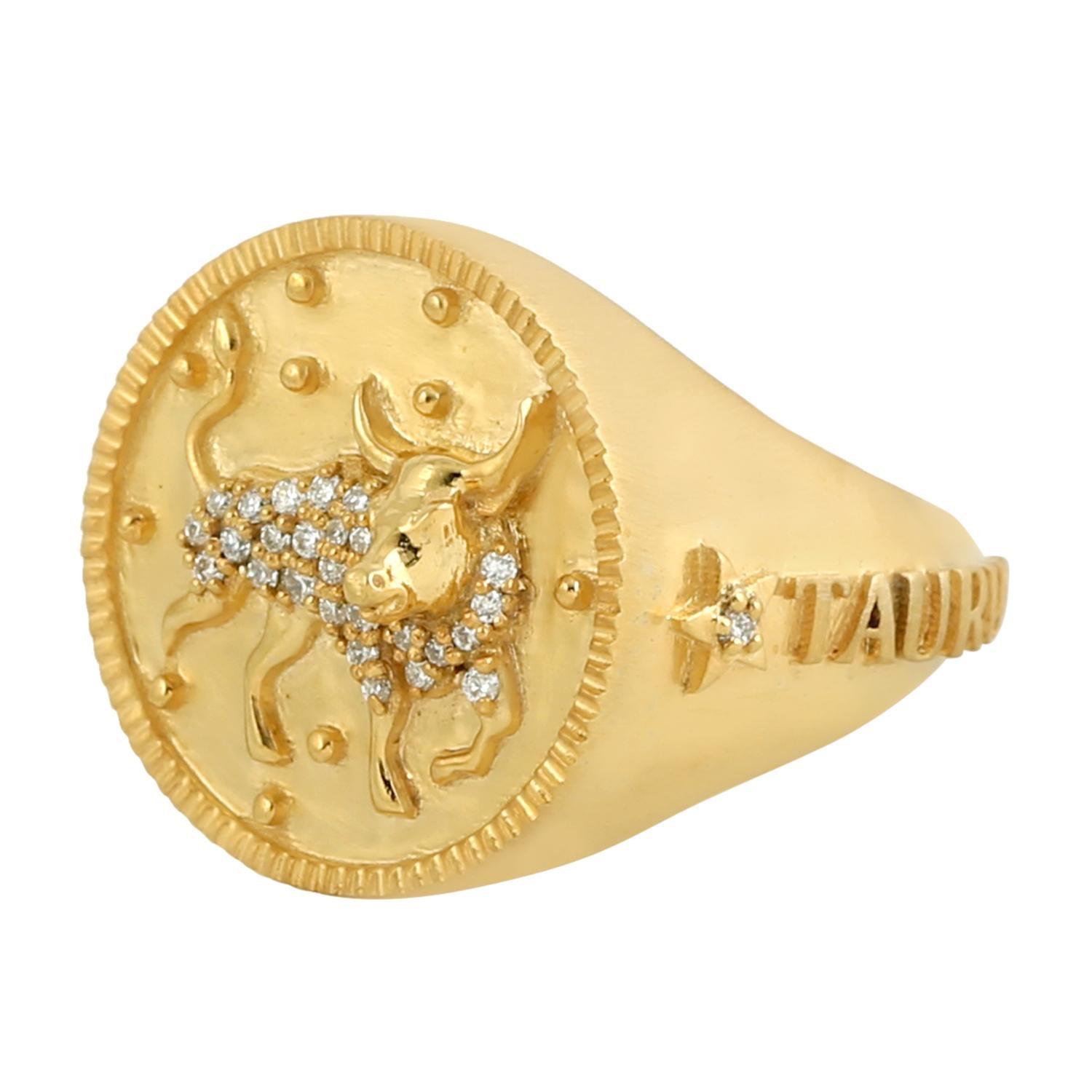 Taurus Zodiac Ring With Pave Diamonds Made in 14k Yellow Gold For Sale at 1stDibs