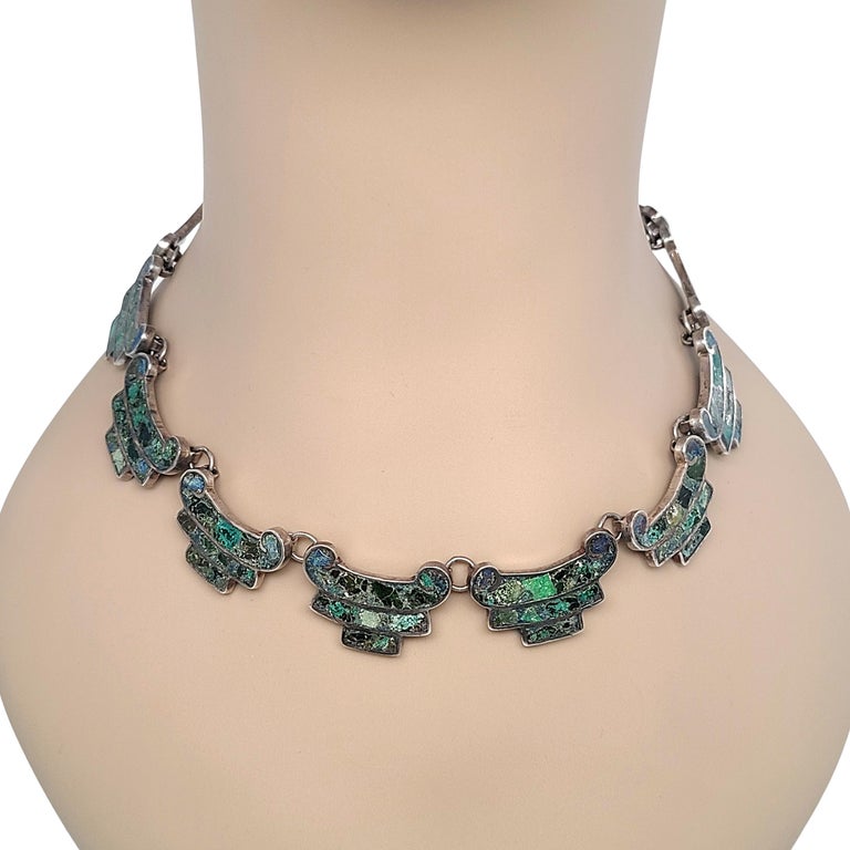 Taxco Mexico Sterling Silver Crushed Turquoise Choker Necklace For Sale ...