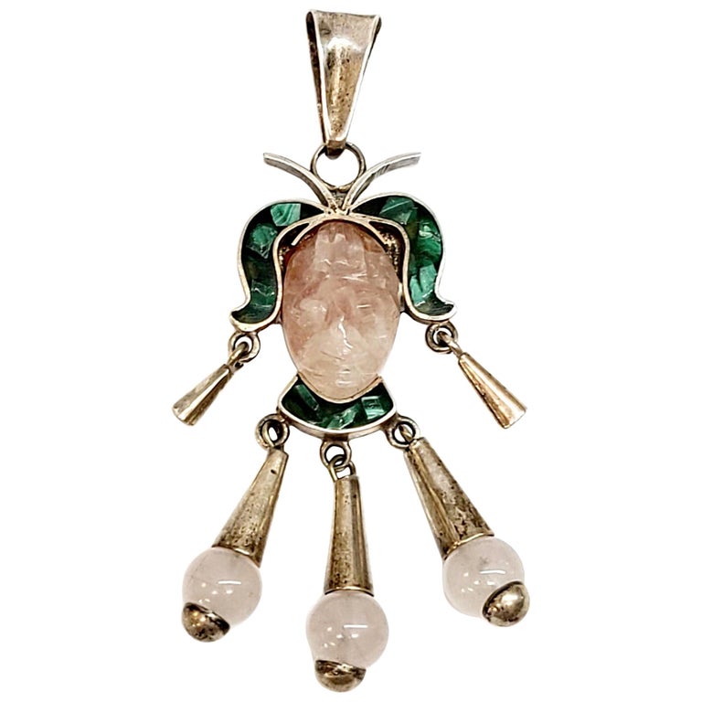 Taxco Mexico Sterling Silver Rose Quartz Carved Mask Dangle Pendant at ...
