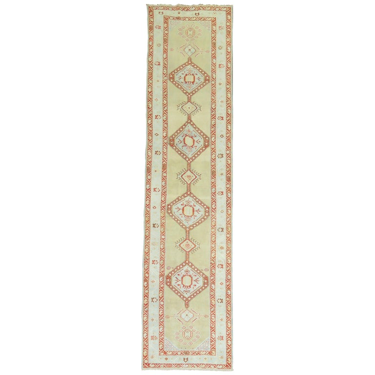 Tea Green Persian Tribal Runner 3 x 13 Wool 20th Century Runner For ...
