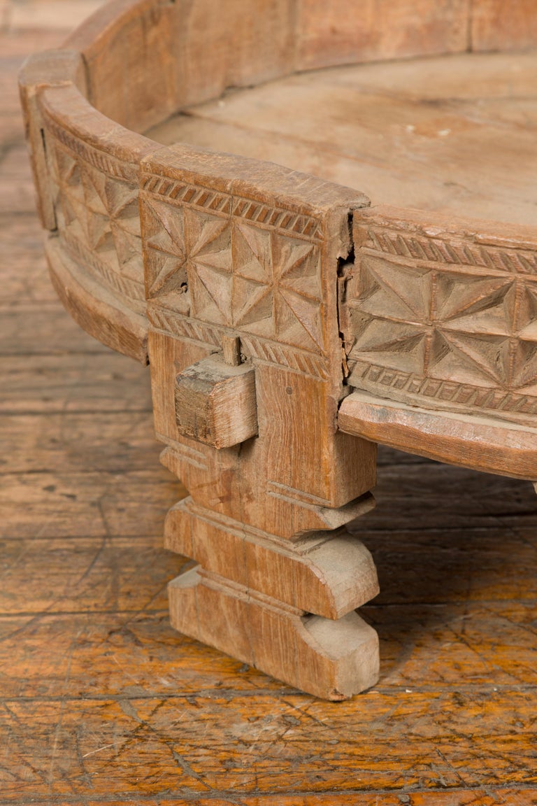 Teak 1920s Indian Chakki Grinding Table with Hand Carved Geometric ...