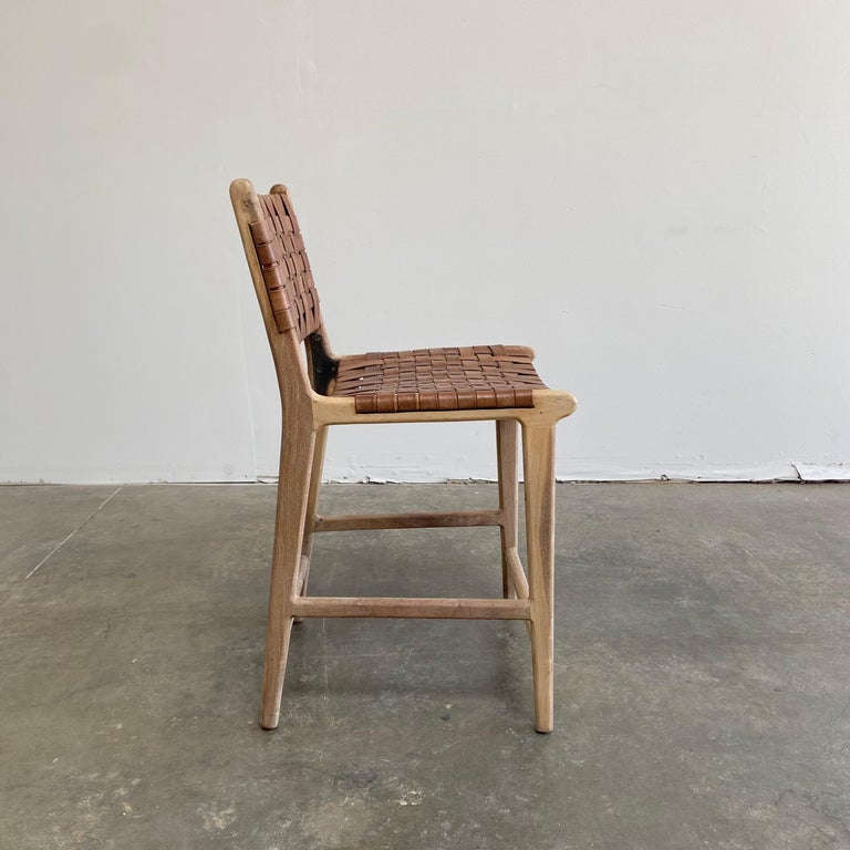 Teak and Brown Woven Leather Strap Counter Stools at 1stDibs | leather ...