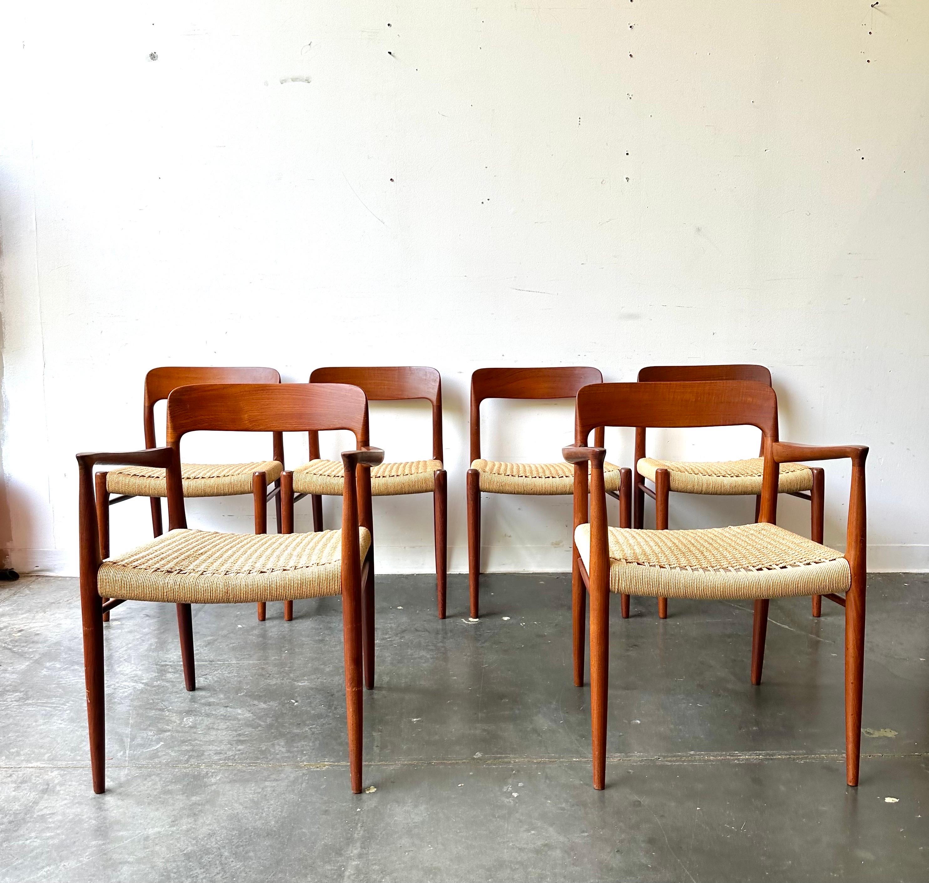 Teak and cane Moller model 75 dining chairs For Sale at 1stDibs