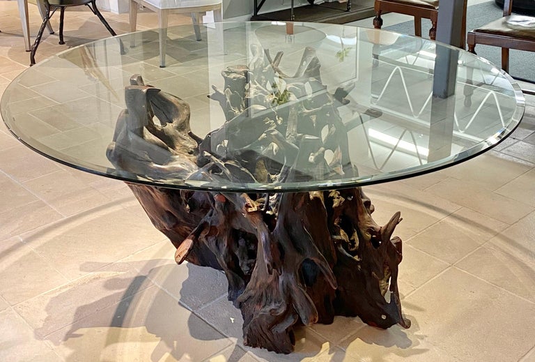 Teak Root Dinning Table with Glass Top For Sale at 1stDibs