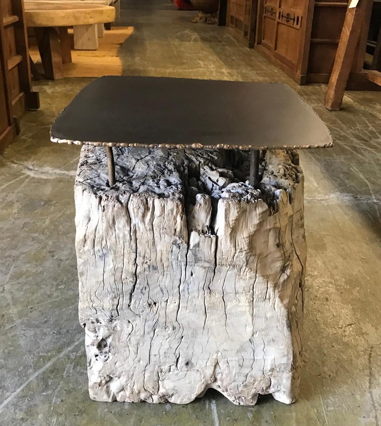 Teak Root Side Table With Iron and Bronze Top For Sale at 1stDibs
