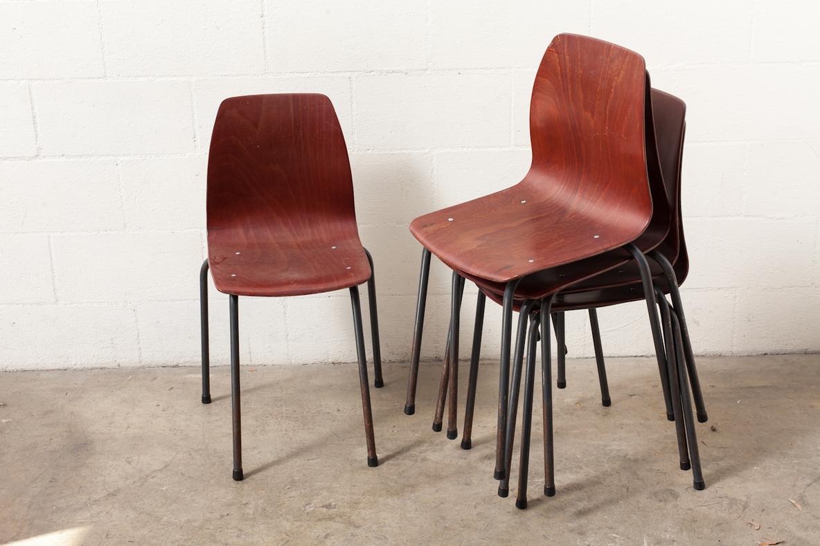 Teak Toned Stacking Chairs with Molded Bent Plywood Shells and Metal ...