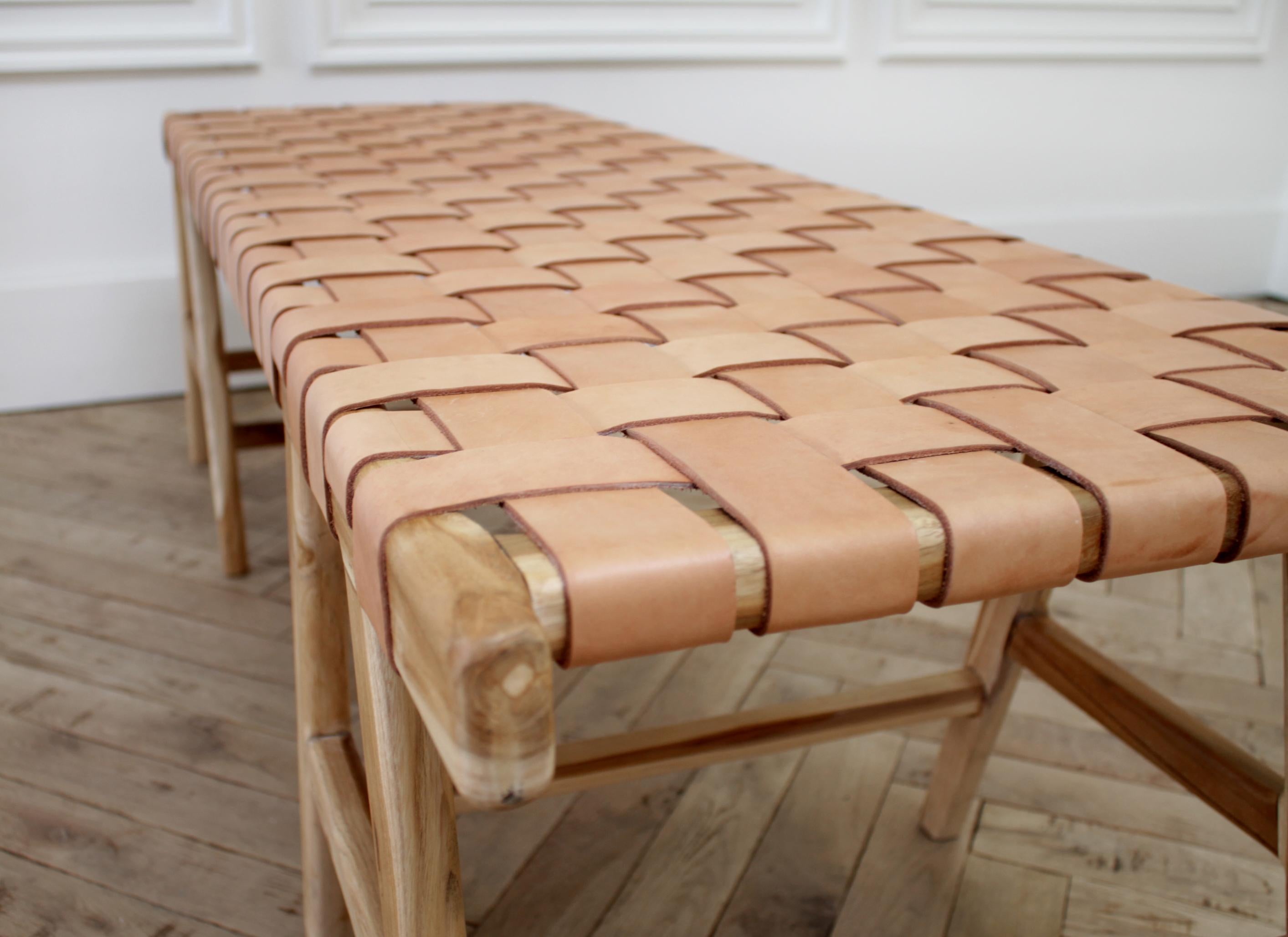 Teak Wood and Leather Strap Bench at 1stDibs