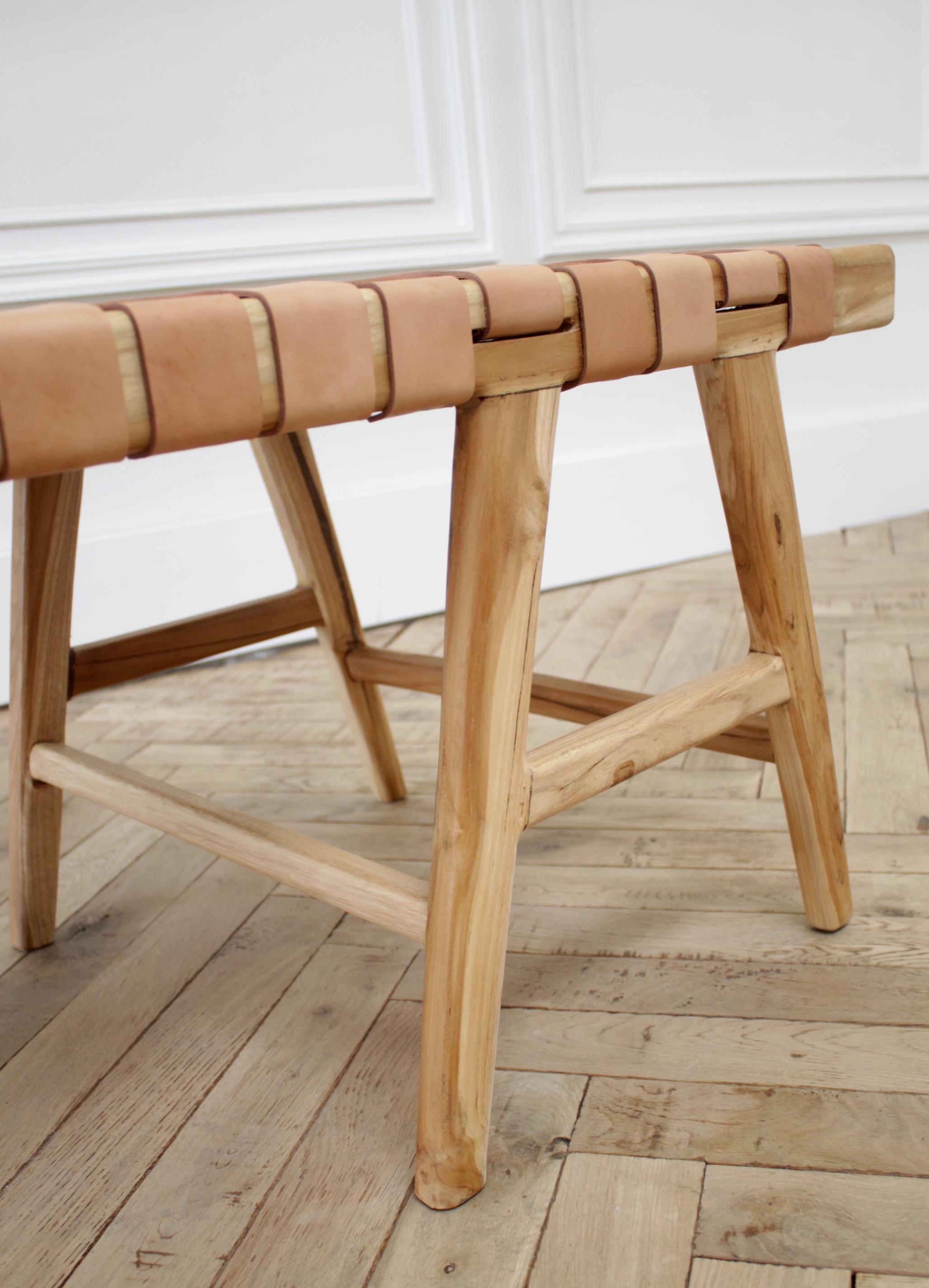 Teak Wood and Leather Strap Bench at 1stDibs