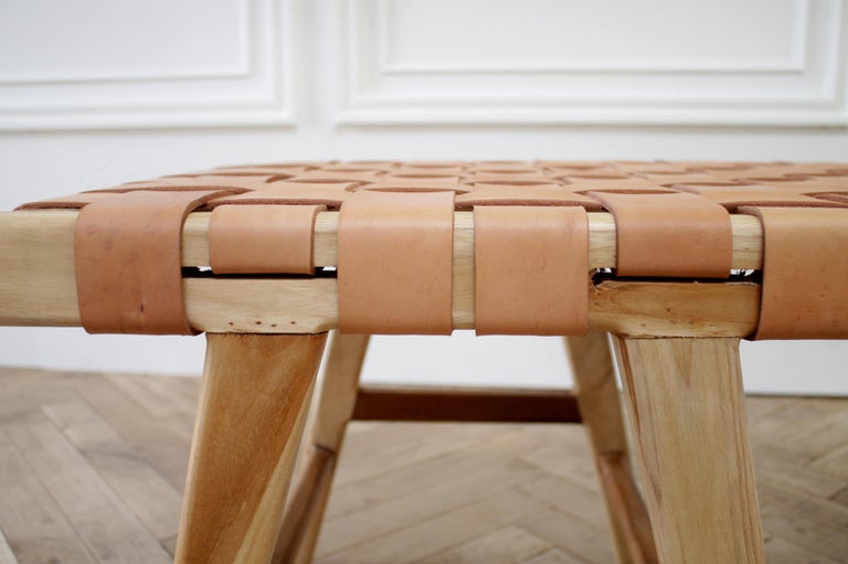 Teak Wood and Leather Strap Bench at 1stDibs