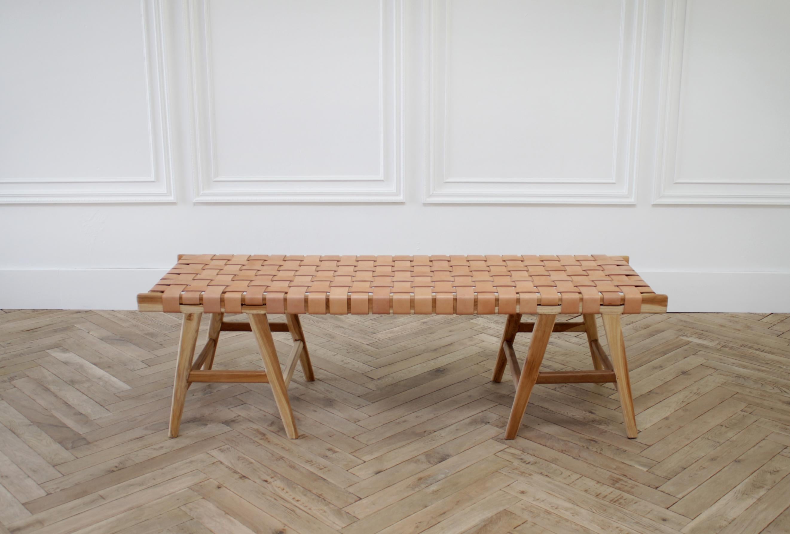 Teak Wood and Leather Strap Bench at 1stDibs