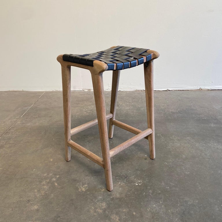 Teak Wood and Woven Counter Stools in Black Leather at 1stDibs