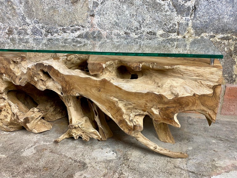 Teak Wood Root Console / Lowboard with Safety Glass Top, Organic Modern ...