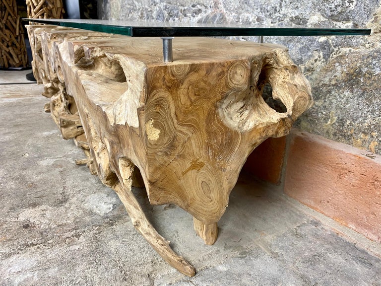 Teak Wood Root Console / Lowboard with Safety Glass Top, Organic Modern ...
