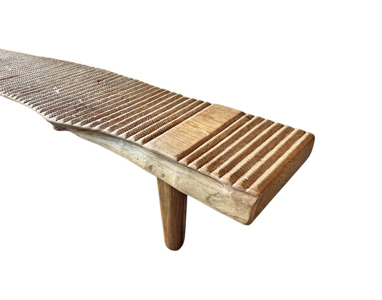 Teak Wood Sculptural Long Bench, Carved Detailing, Modern Organic For ...