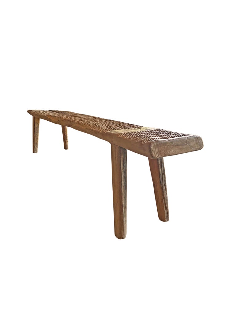 Teak Wood Sculptural Long Bench, Carved Detailing, Modern Organic For ...