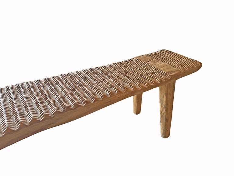 Teak Wood Sculptural Long Bench, Carved Detailing, Modern Organic For ...