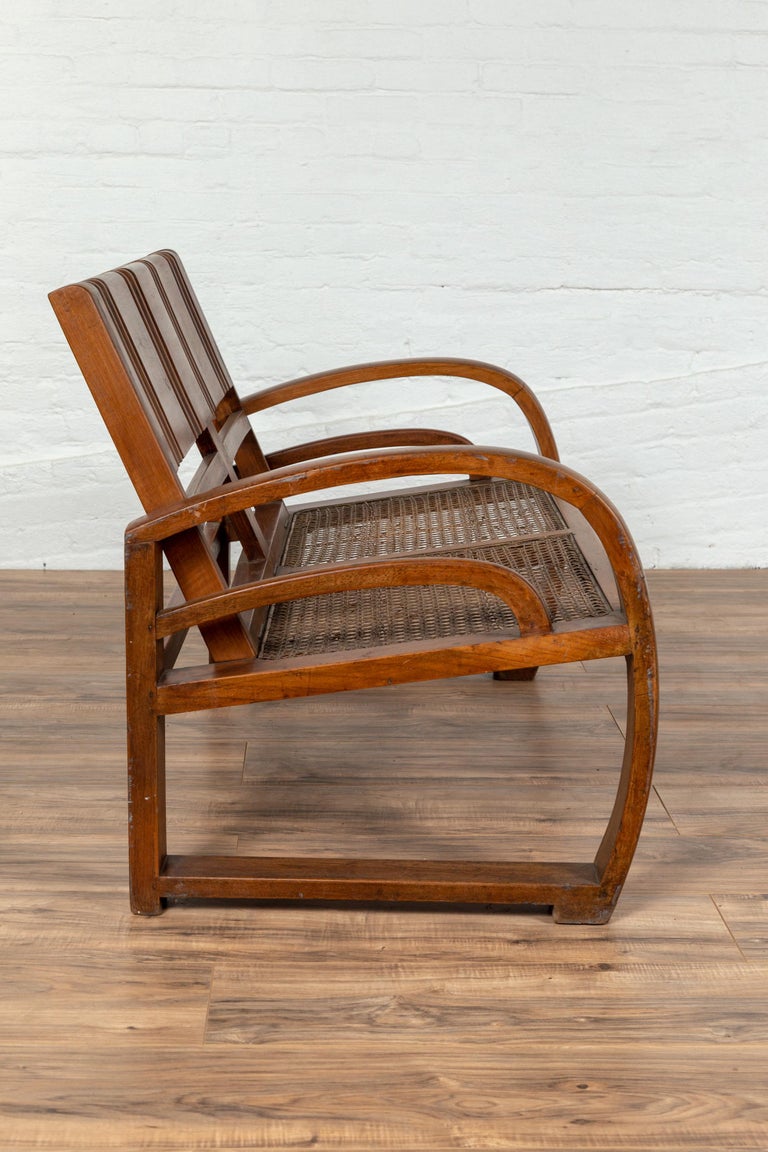 Teak Wood Settee from Madura with Folding Back, Looping Arms and Cane ...