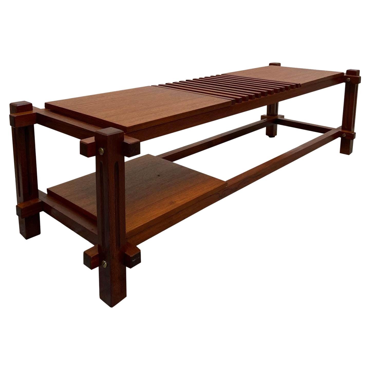 mid century low wooden slat bench at 1stDibs