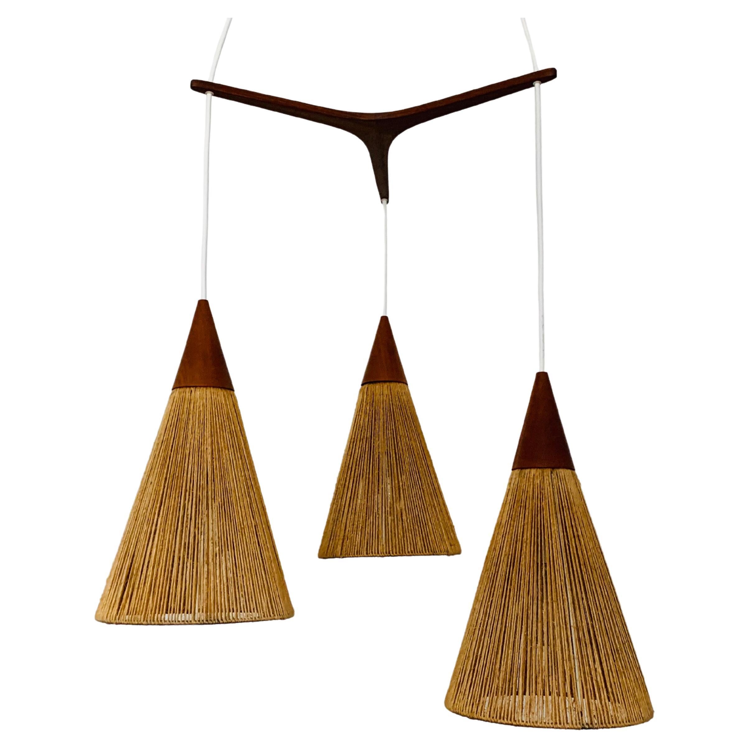 Teakwood and Raffia Bast Cascading Lamp by Jean Rispal For Sale at 1stDibs