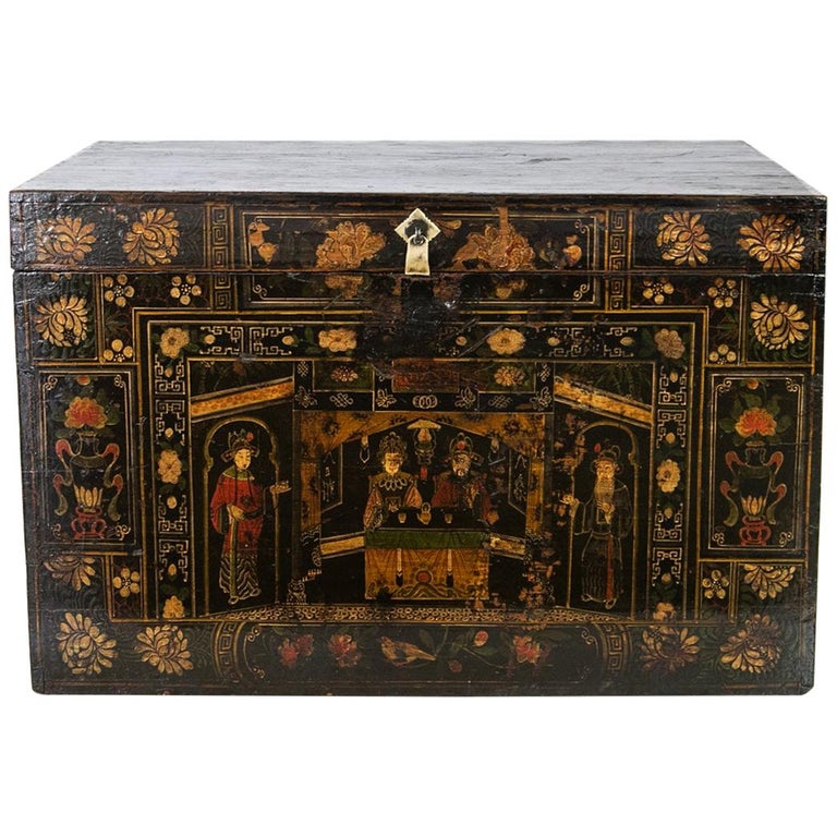 Teakwood Chinese Painted Storage Trunk at 1stDibs