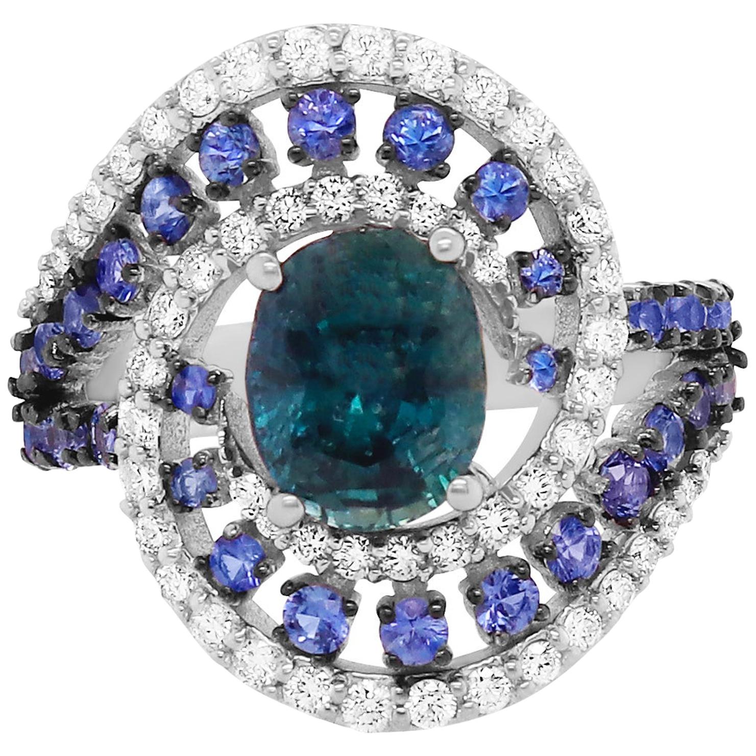 Oval Natural Blue Beryl, Pink Tourmaline Iolite East West Cocktail Ring ...