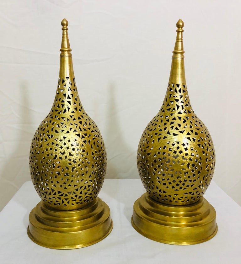 Tear Shaped Gold Brass Moroccan Table Lamps, a Pair For Sale at 1stDibs