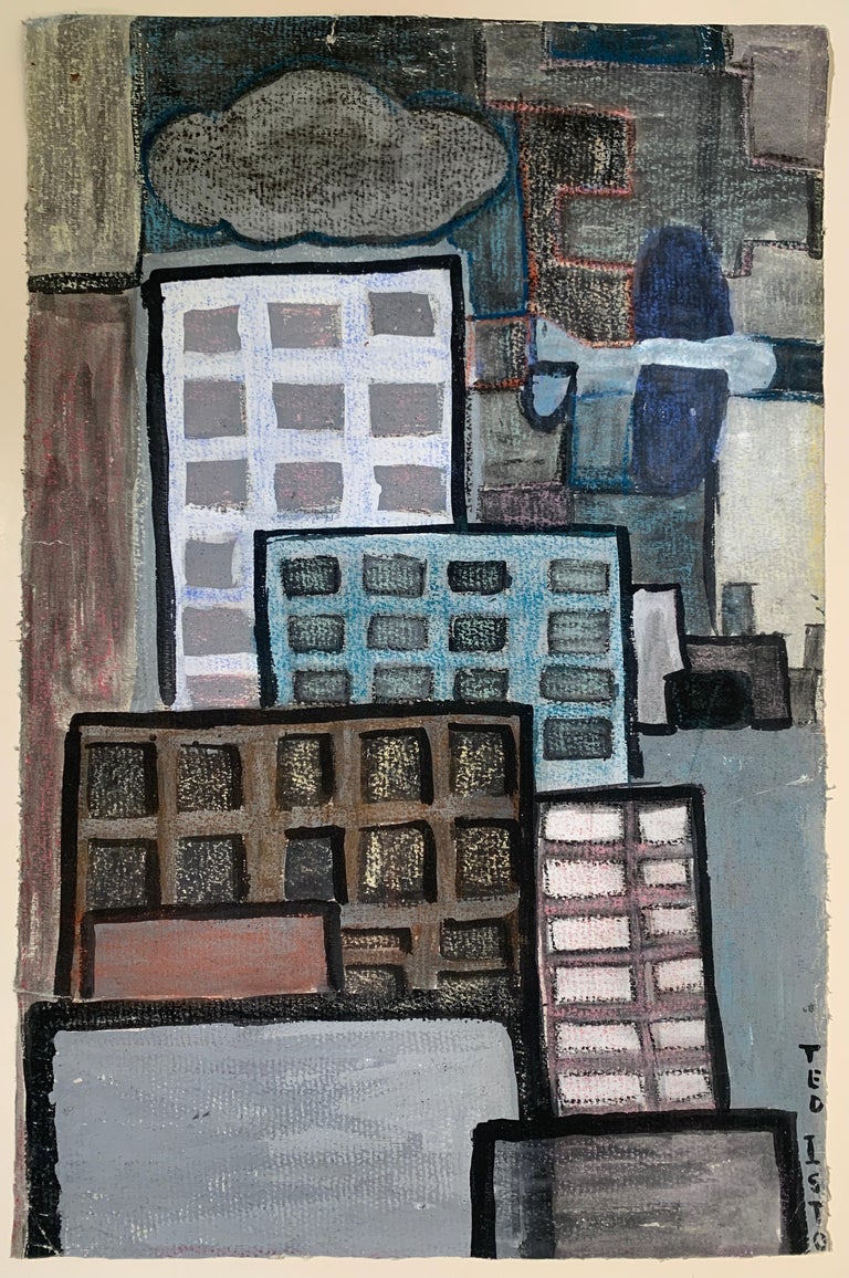 Ted Isto - Gouache and Pastel "Cityscape with Plane" Original Painting ...