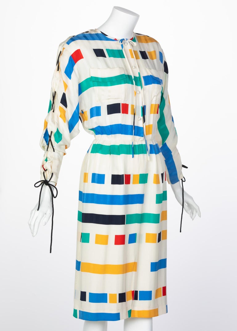 Ted Lapidus Ivory Color Block Silk Safari Dress, 1980s at 1stDibs