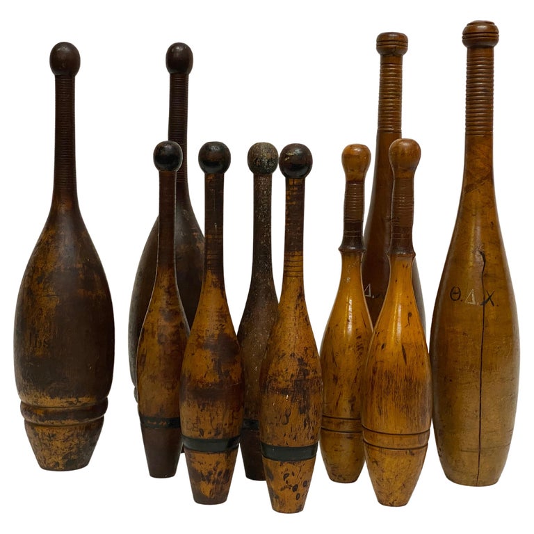 Ten Vintage Turned Wood Indian Clubs For Sale at 1stDibs