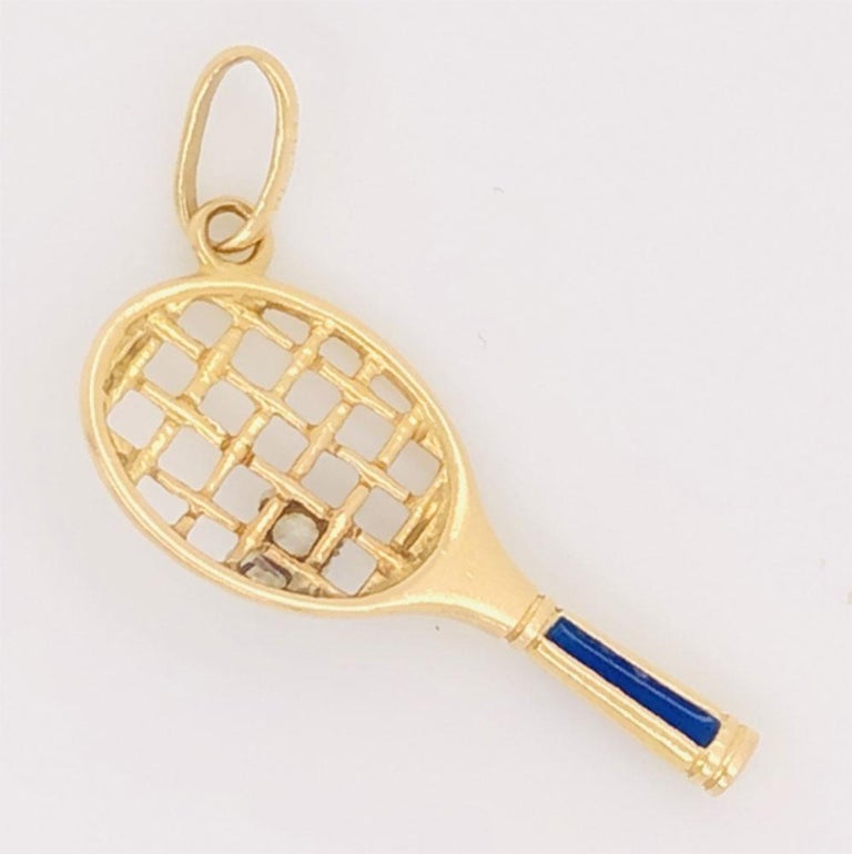 Tennis Racket Diamond Blue Enamel Gold Charm Pendant Estate Fine ...