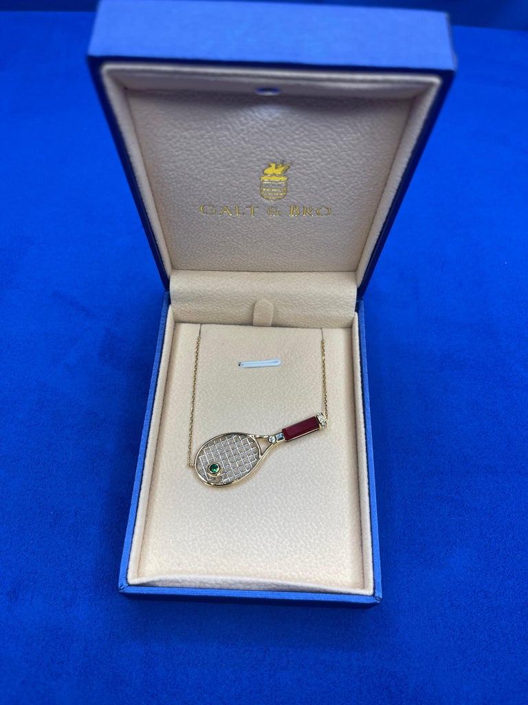 Tennis Racket Red Agate Carnelian Emerald 18 Gold Charm Diamond Pendant ...