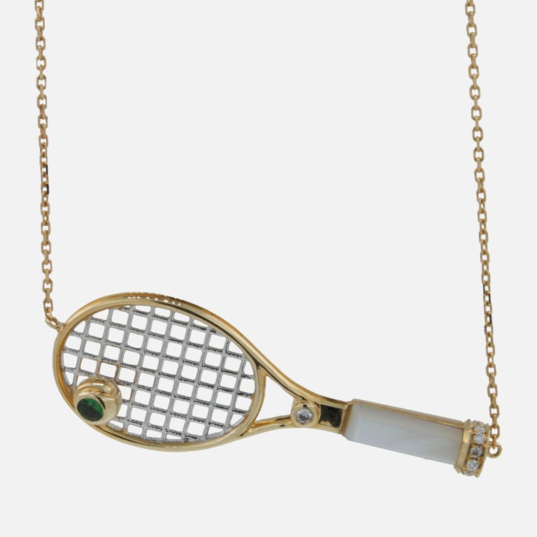 Diamond White Pearl Emerald 18 Karat Gold Tennis Racket Charm Pendant ...