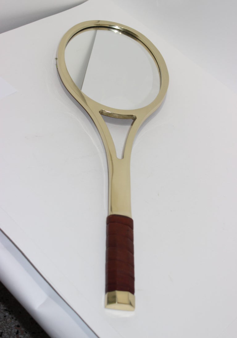 Tennis Racquet Wall Mirror in Polished Brass and Leather at 1stDibs