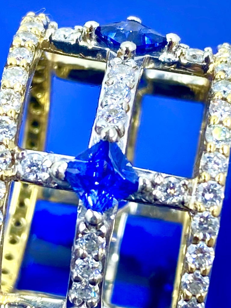 Teresa Small Banded Cage Ring with Princess Cut Sapphires and White ...