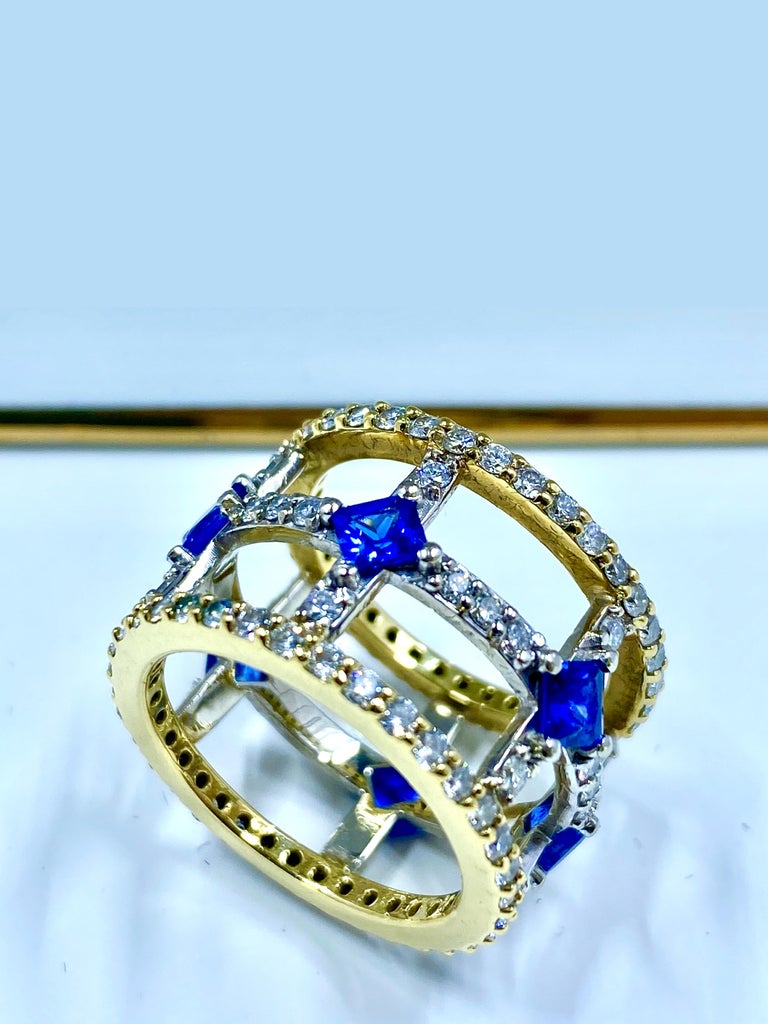 Teresa Small Banded Cage Ring with Princess Cut Sapphires and White ...