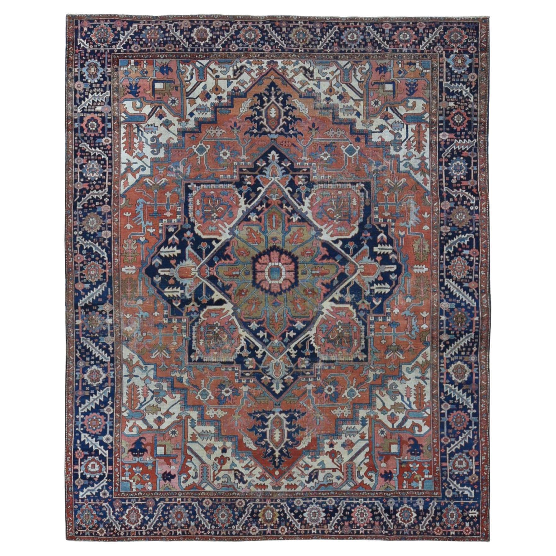 1880 Antique Persian Serapi Rug Even Wear, Classical Rust Navy at ...