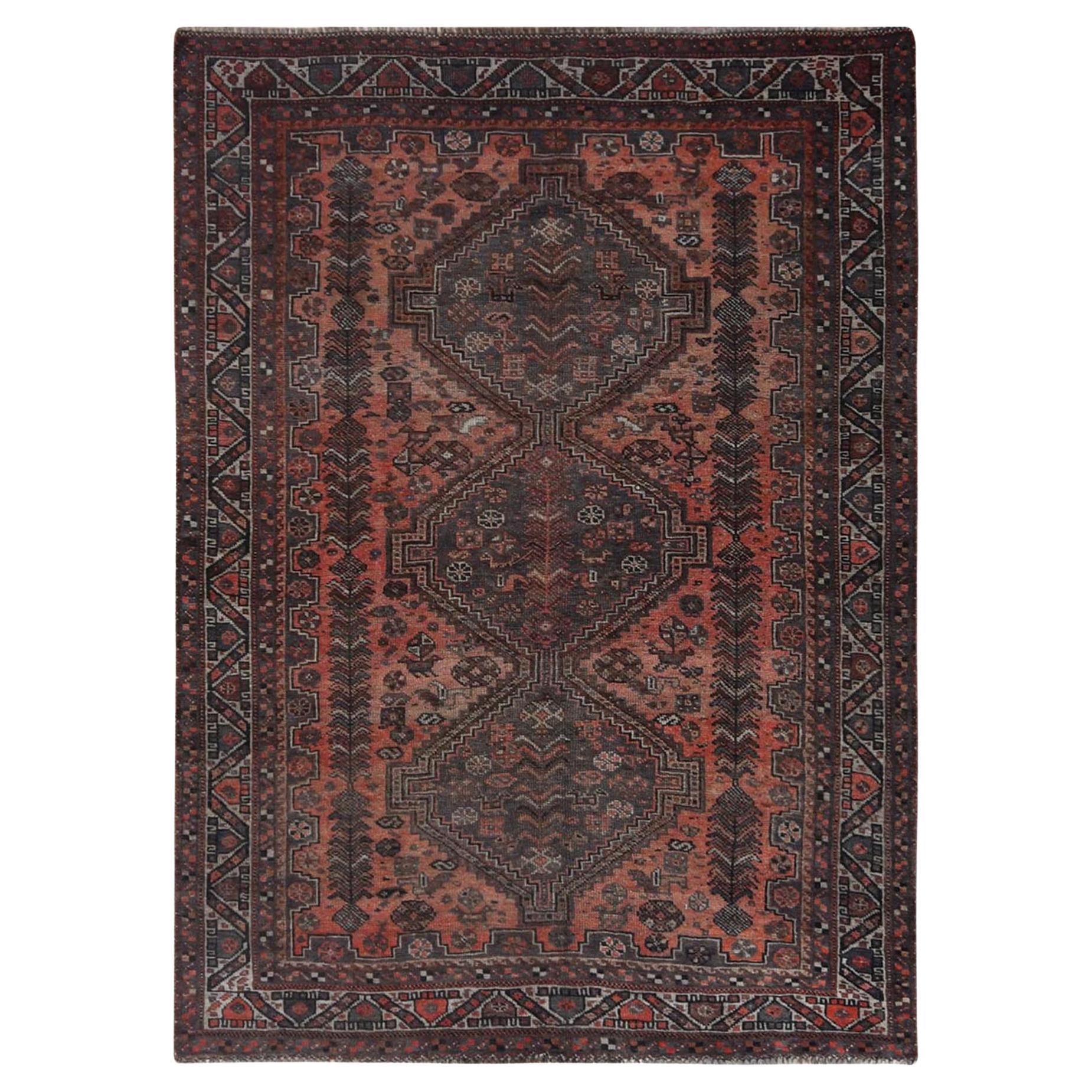 Terracotta Red Worn Wool Hand Knotted Vintage Persian Hamadan ...