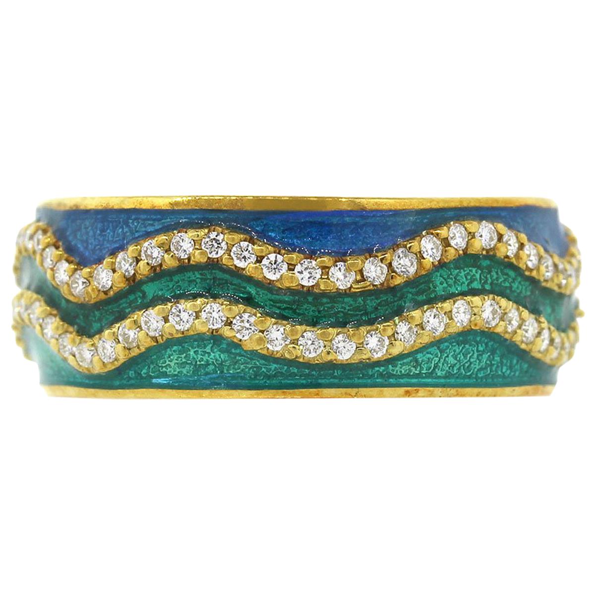 Tesoro Diamond St. Barth Green Blue Enamel Band Ring For Sale (Free ...