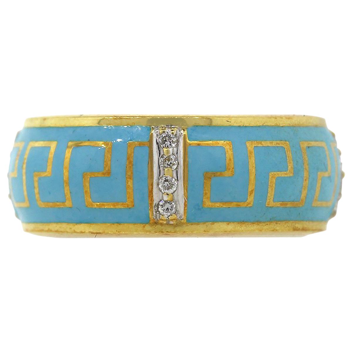 Greek Key pattern style Diamond Emerald Turquoise Cocktail Ring For ...