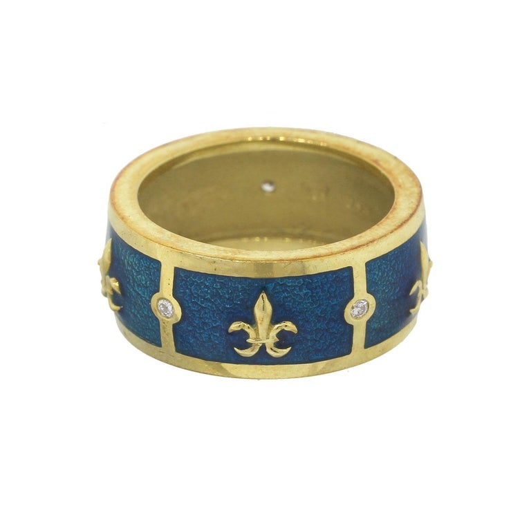 Tesoro Fleur De Lis Ocean Blue Enamel Band Ring For Sale at 1stDibs