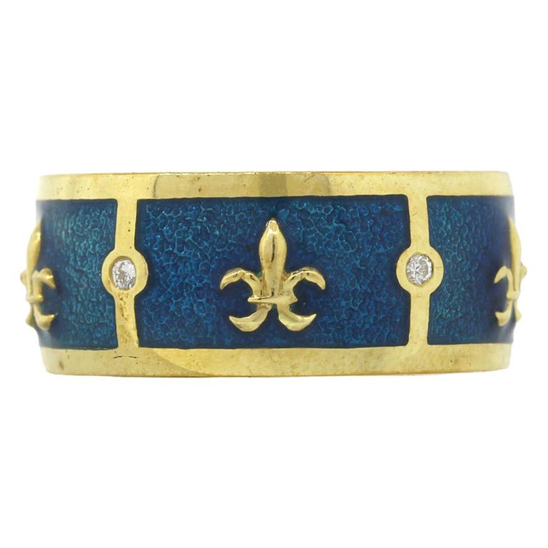 Tesoro Fleur De Lis Ocean Blue Enamel Band Ring For Sale at 1stDibs