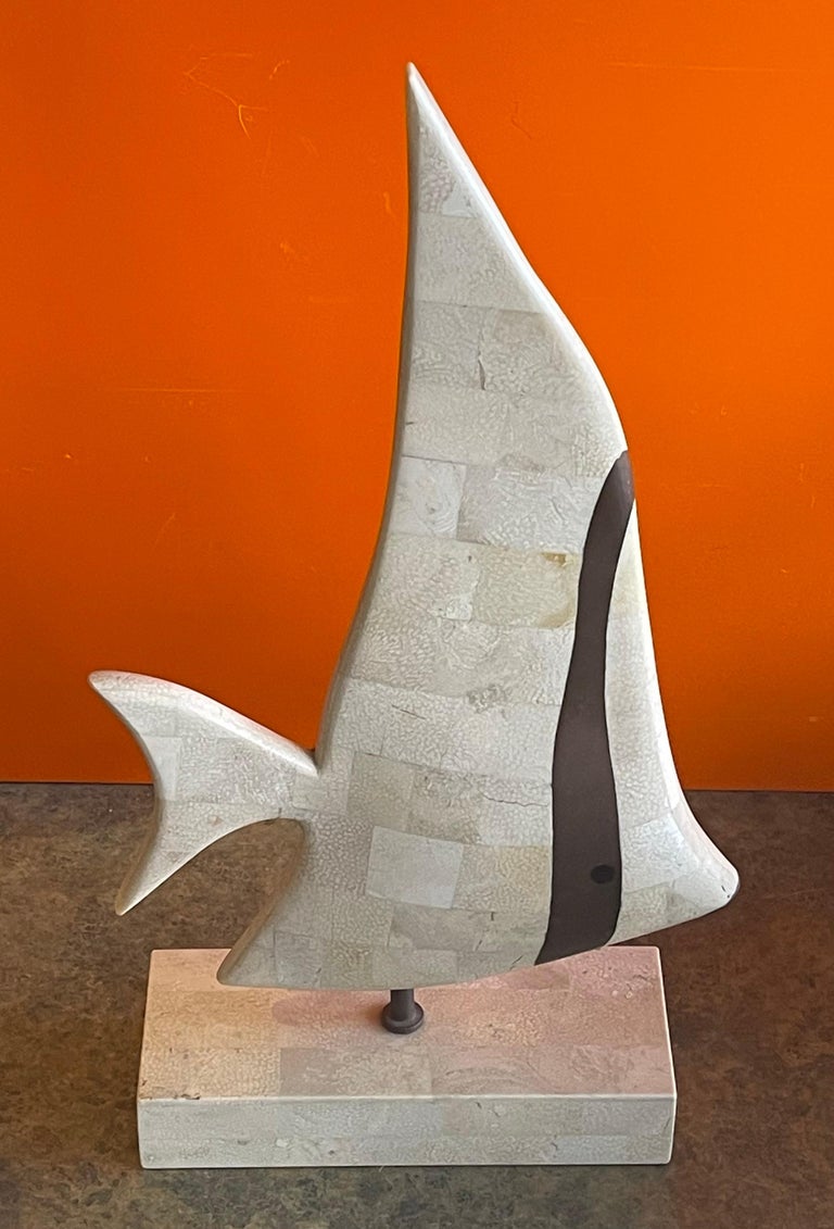 Tessellated Coral Stone and Brass Angel Fish Sculpture on Stand by ...