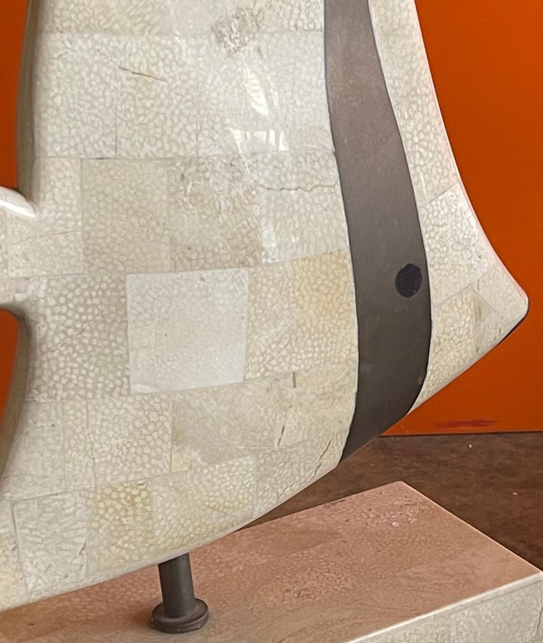 Tessellated Coral Stone and Brass Angel Fish Sculpture on Stand by ...