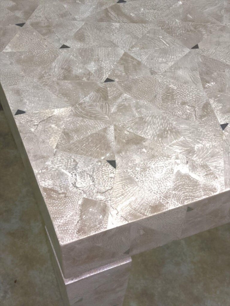 Tessellated Fossil Stone Game Table with Silver Triangle Inlays For ...
