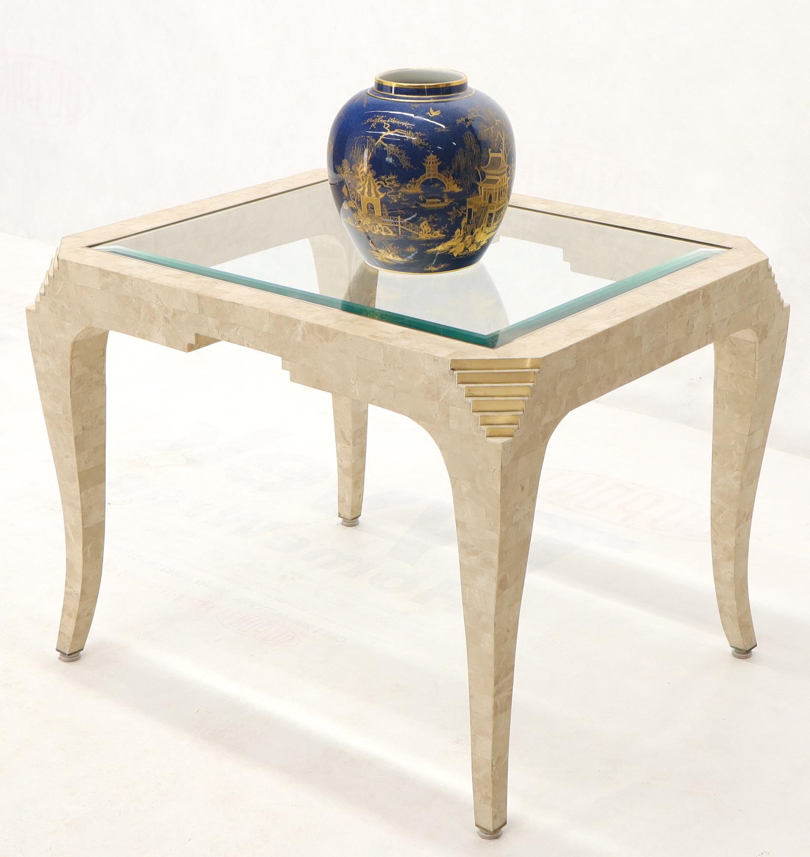 Tessellated Stone Brass Inlay Rectangular Side End Table Glass Top at ...