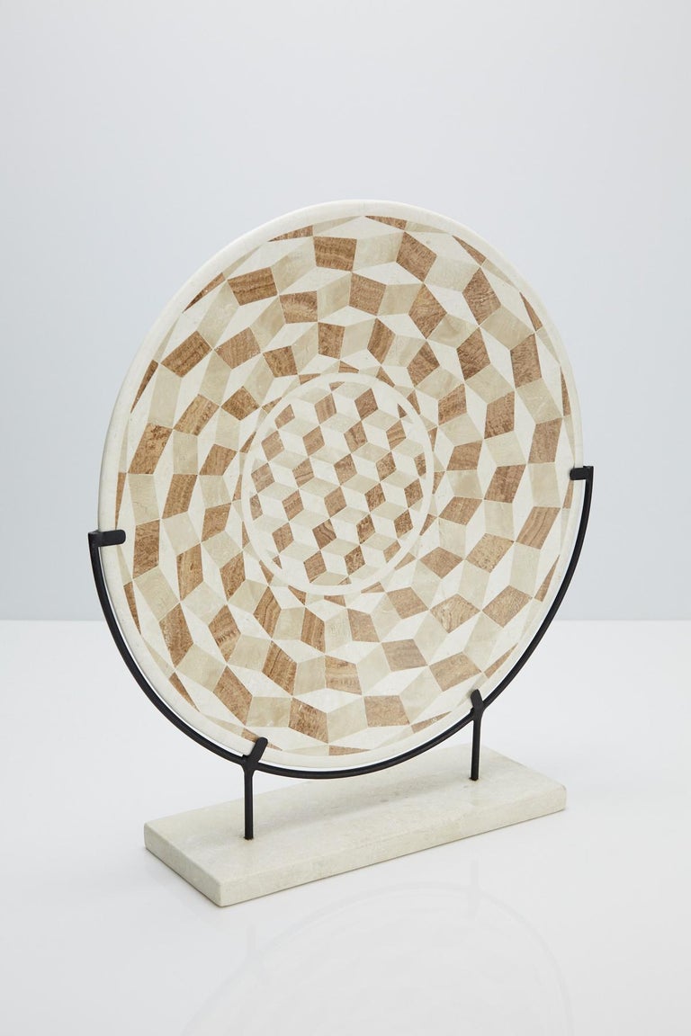 Tessellated Wood Stone "Illusion" Plate on Iron Stand, 1990s at 1stDibs